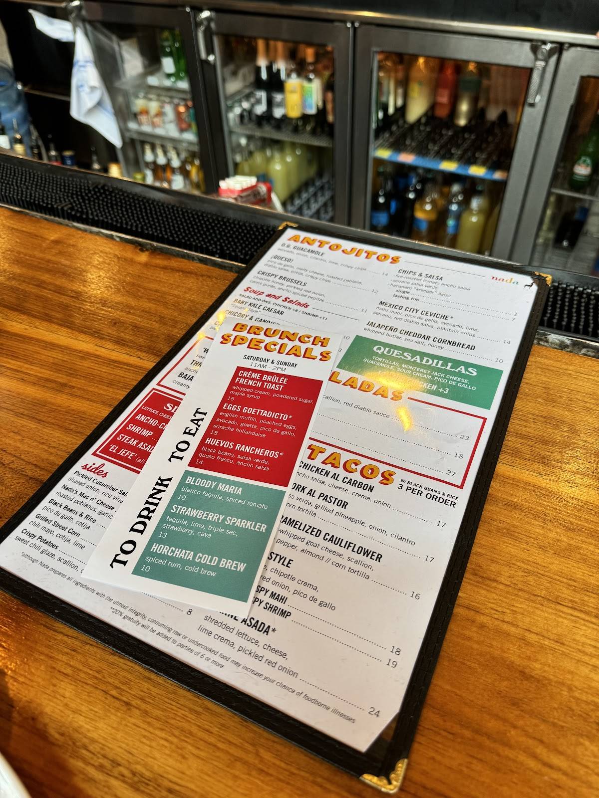 Menu at Nada restaurant, Cincinnati