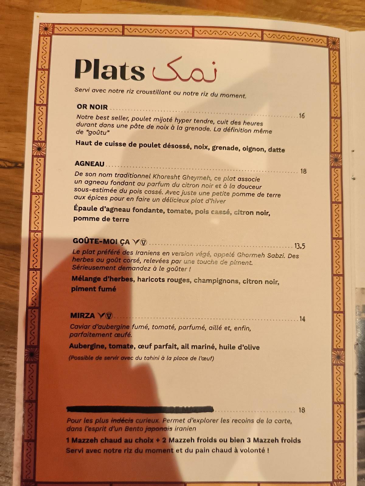 Menu au Namak - Restaurant Perse, Paris