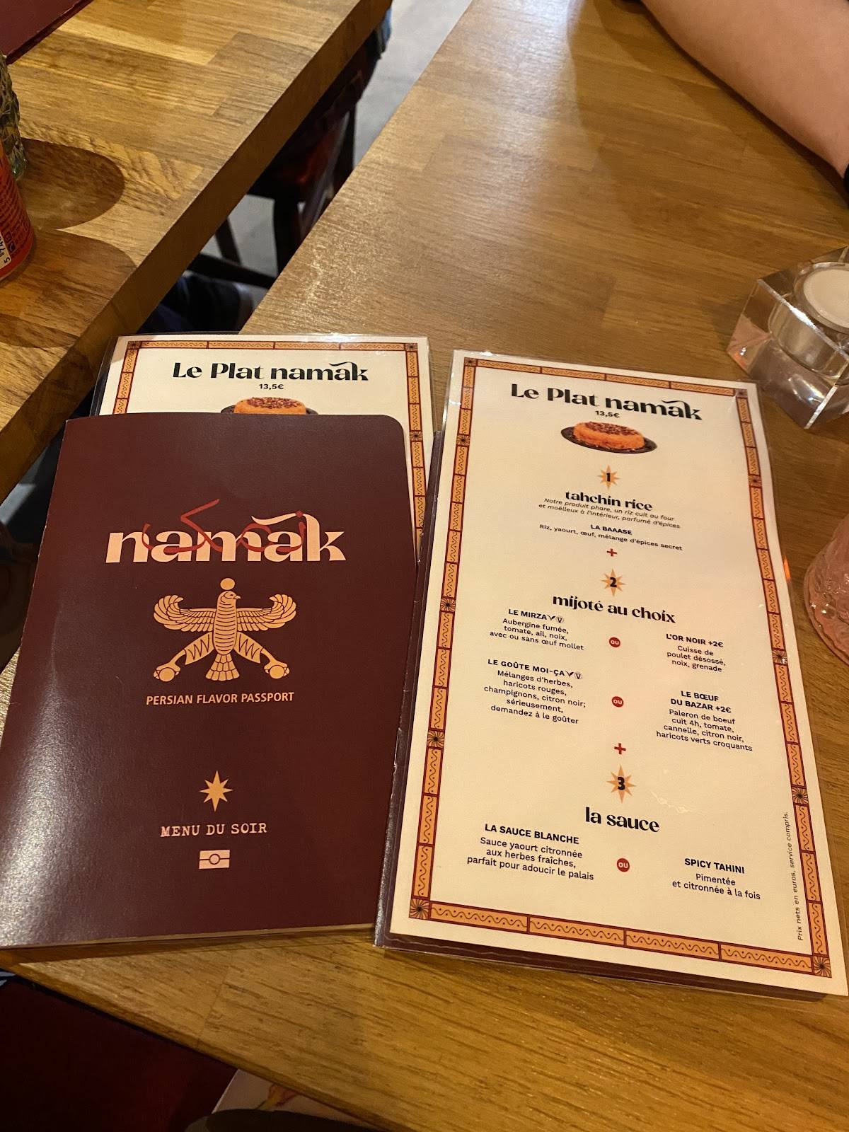 Menu au Namak - Restaurant Perse, Paris