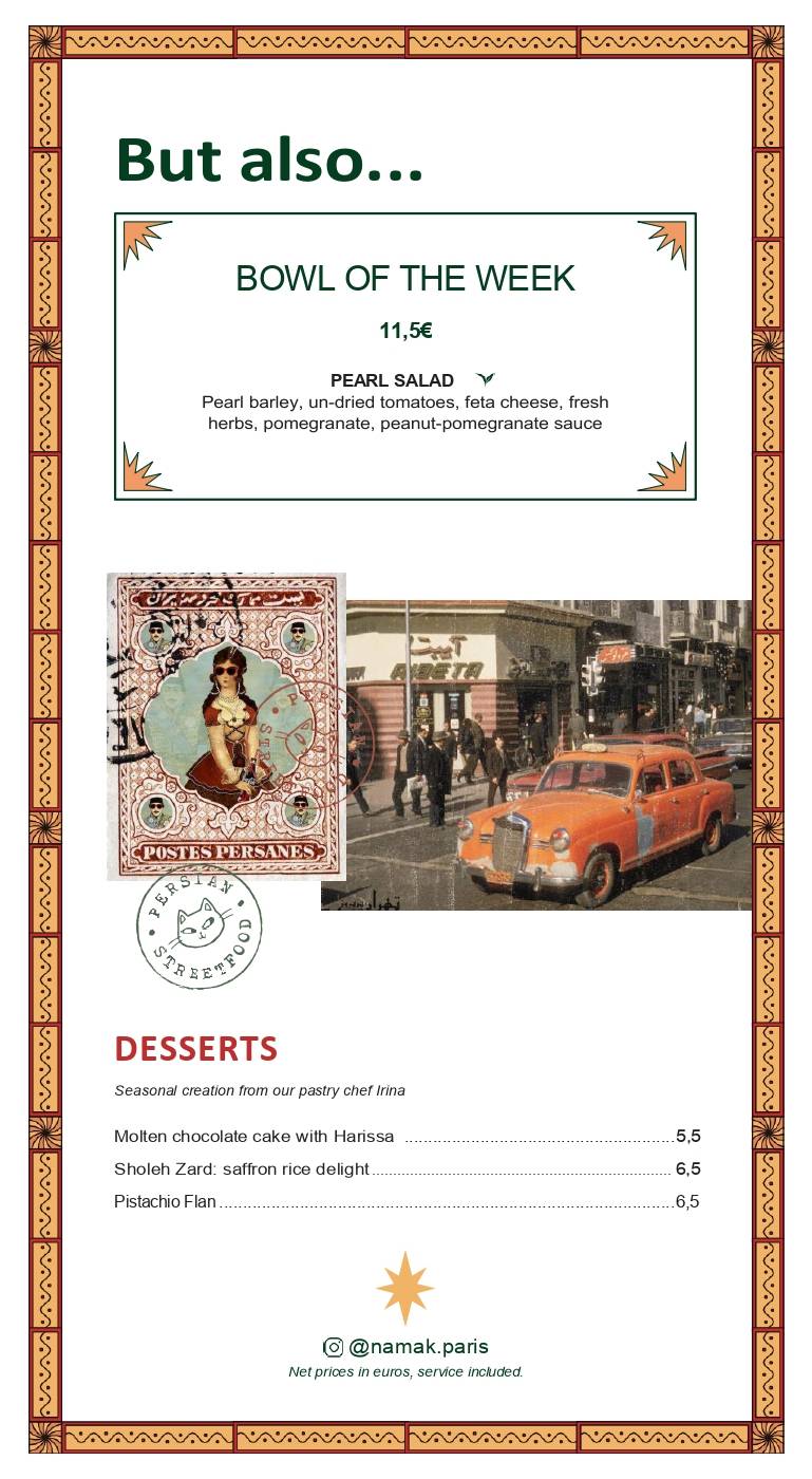 Menu au Namak - Restaurant Perse, Paris