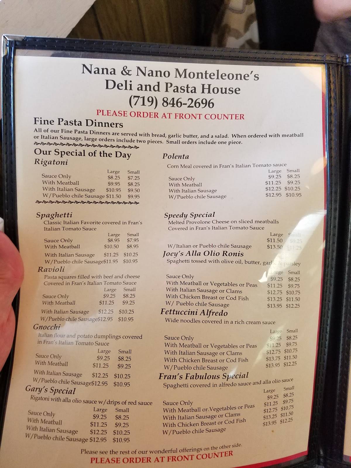 Menu at Nana & Nano's Pasta House restaurant, Trinidad