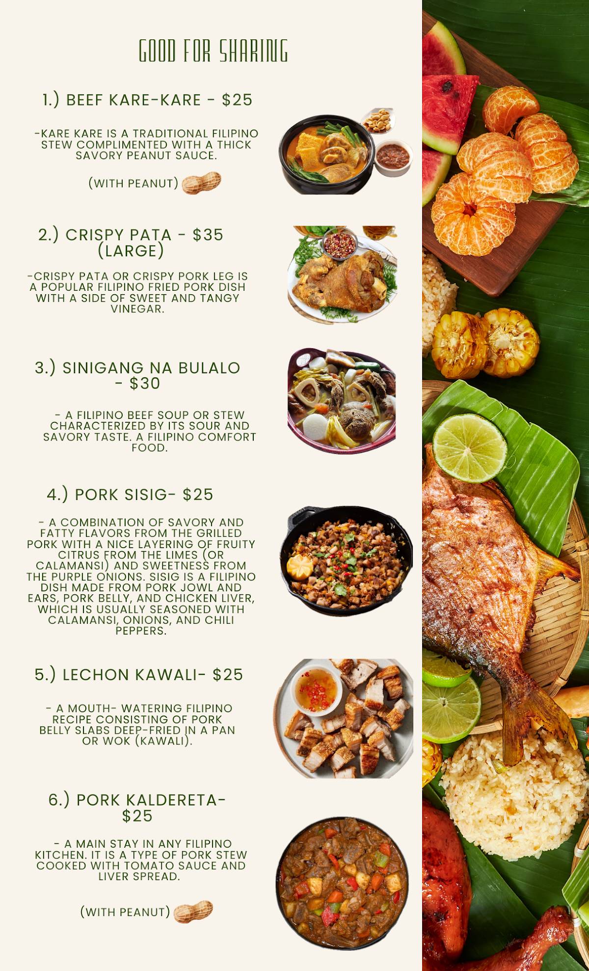 Menu au Nanay Mo’s Filipino Cuisine restaurant, Nanaimo