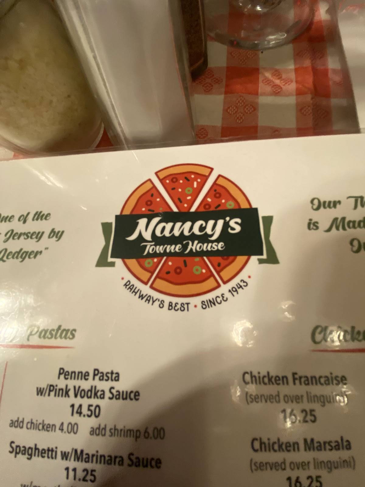 Carta de pizzería Nancy's Towne House, Rahway