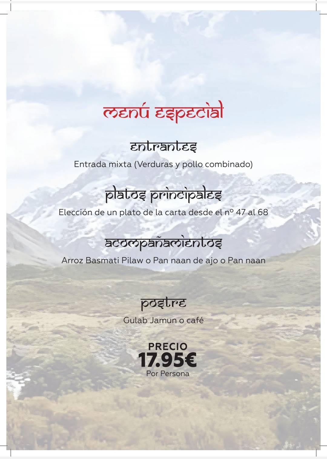 Menu at Nanglo Indian Nepalese restaurant, Port de Sagunt