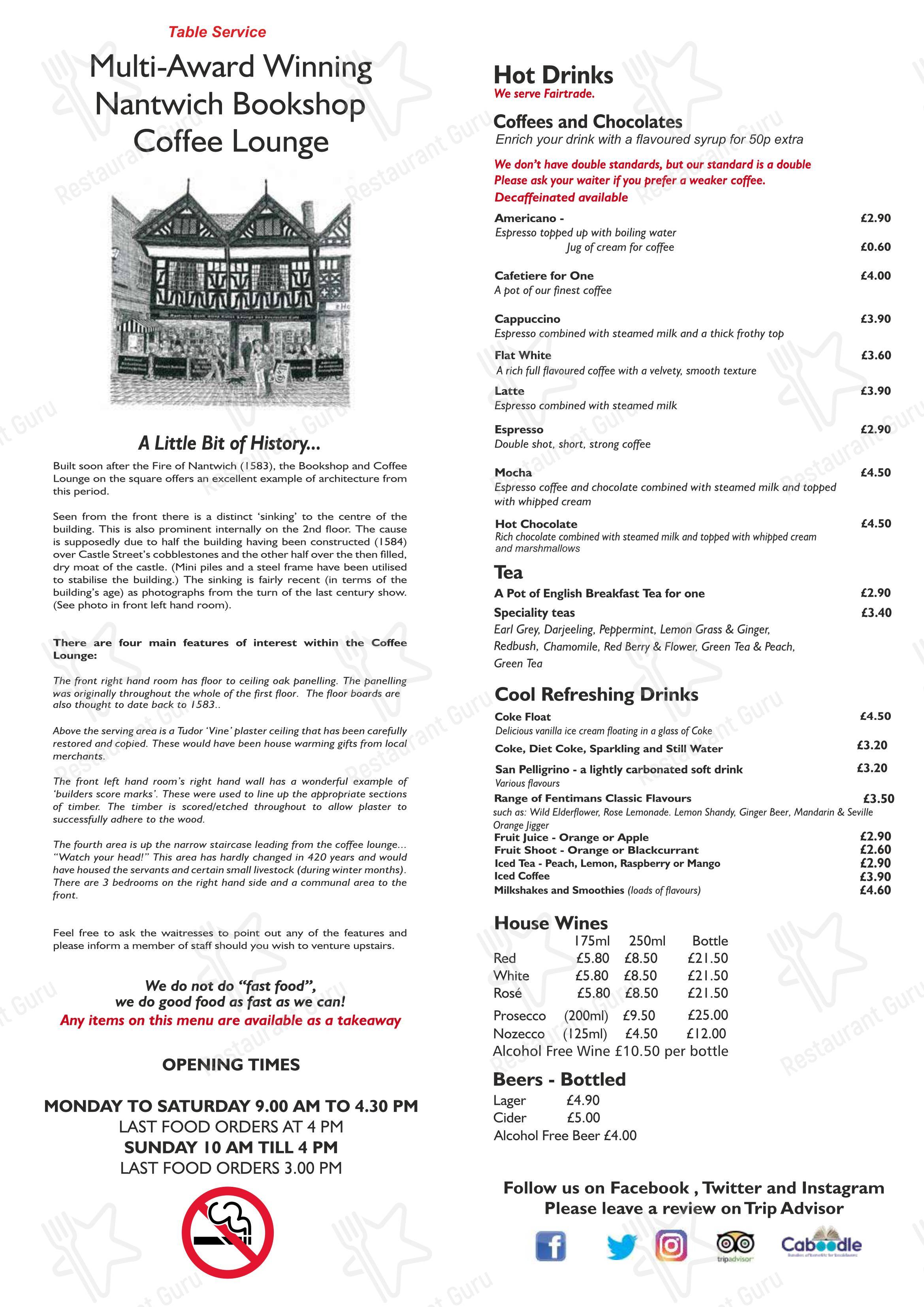 Menu at Nantwich Bookshop Coffee Lounge cafe, Nantwich