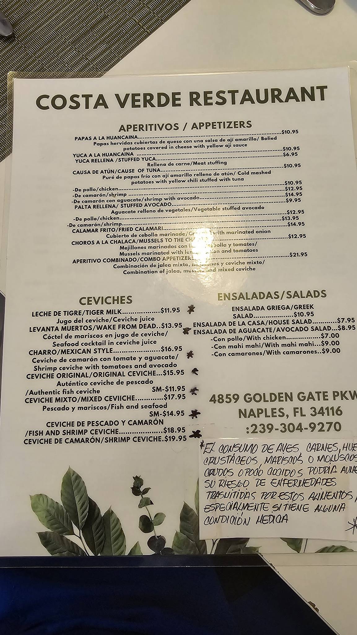 Menu at Naples Costa Verde Peruvian Restaurant, Golden Gate, Golden ...