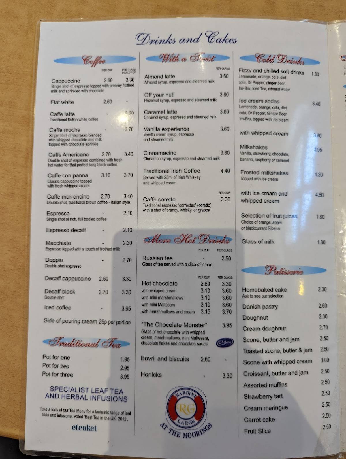 Menu at Nardini at the Moorings cafe, Largs