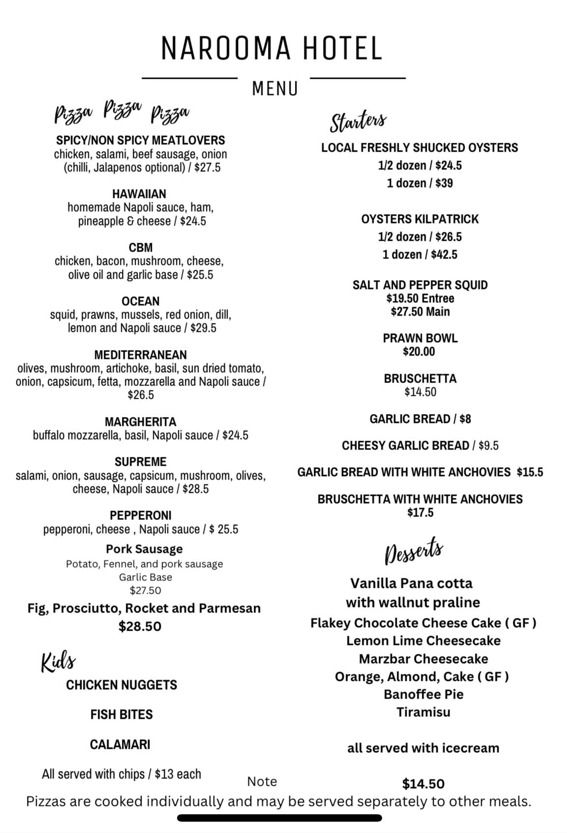 Menu at Narooma Hotel pub & bar, Narooma