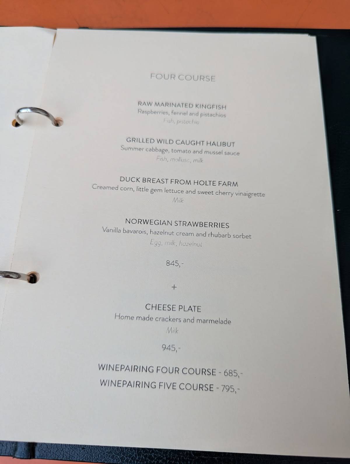 Menu at Nedre Foss Gård restaurant, Oslo