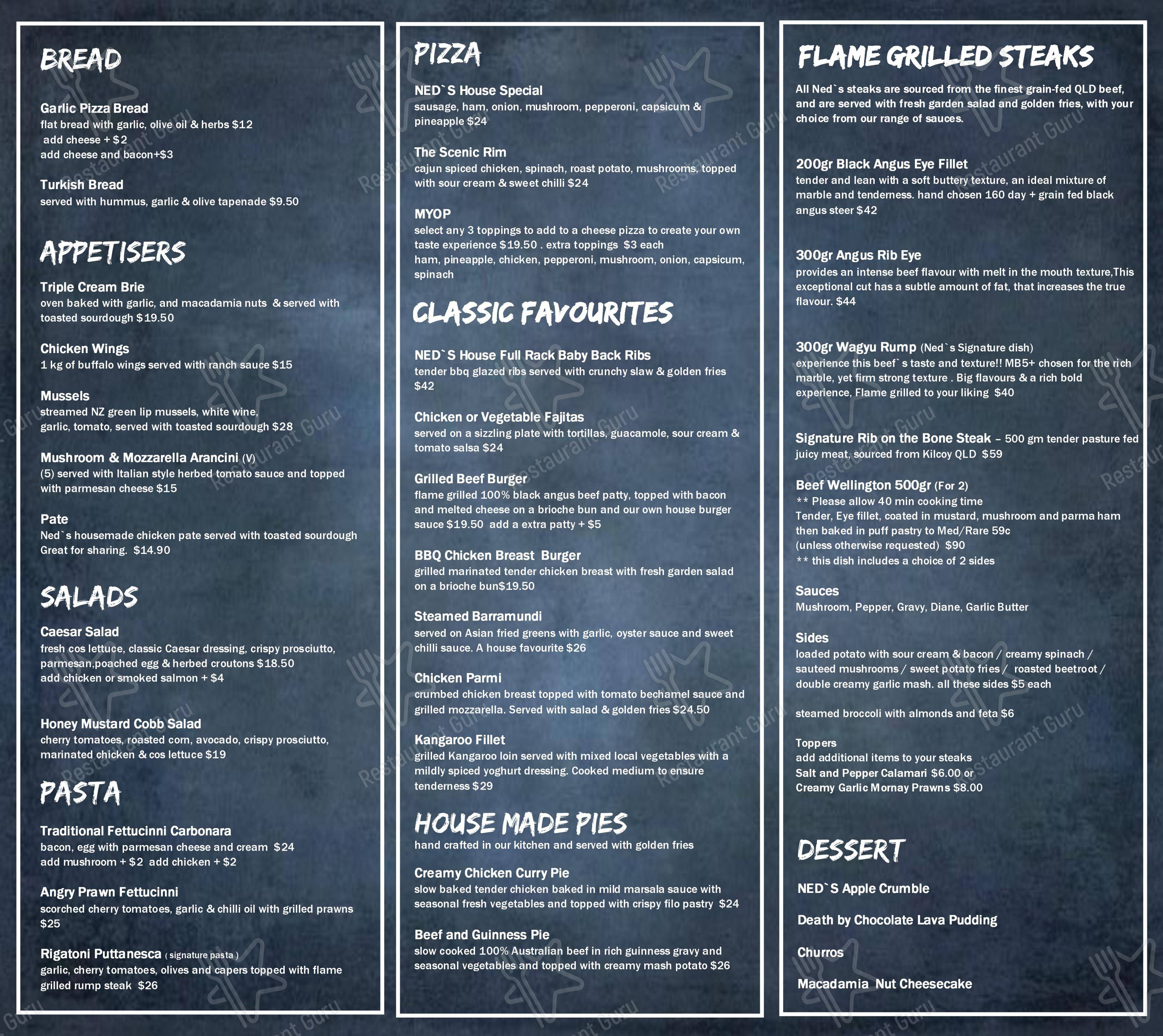 Menu at Ned's Restaurant, Beaudesert