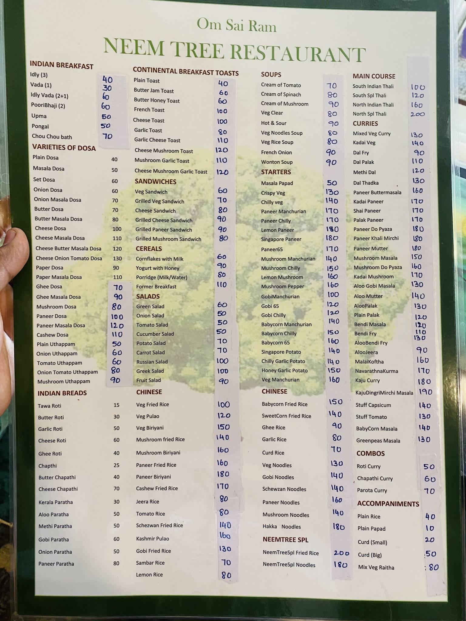 Menu at Neem Tree Restaurant, Puttaparthi