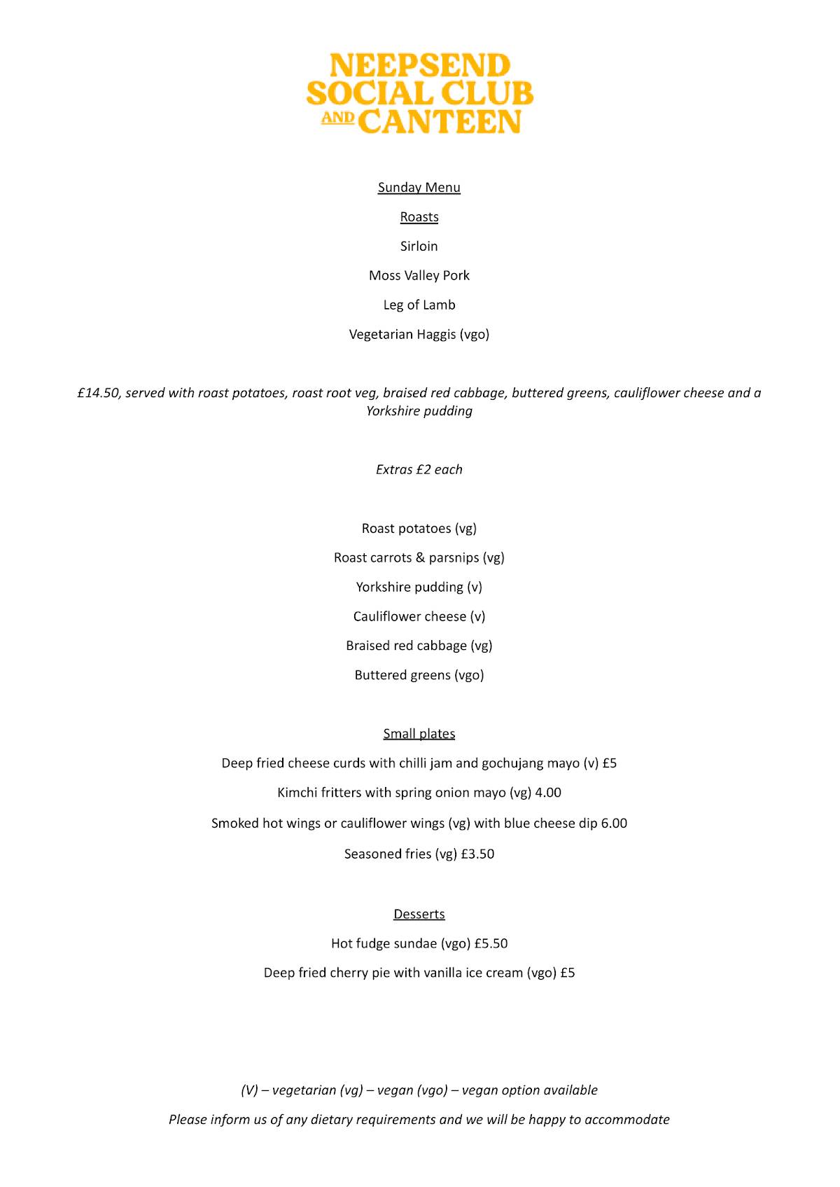 Carta de Neepsend Social Club & Canteen, Sheffield