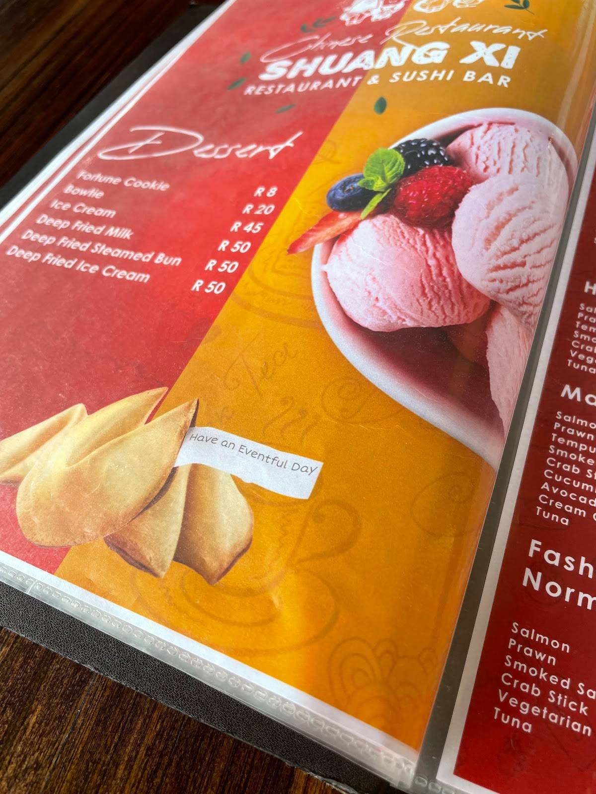 Menu at Shuang XI Chinese & Sushi restaurant, Nelspruit