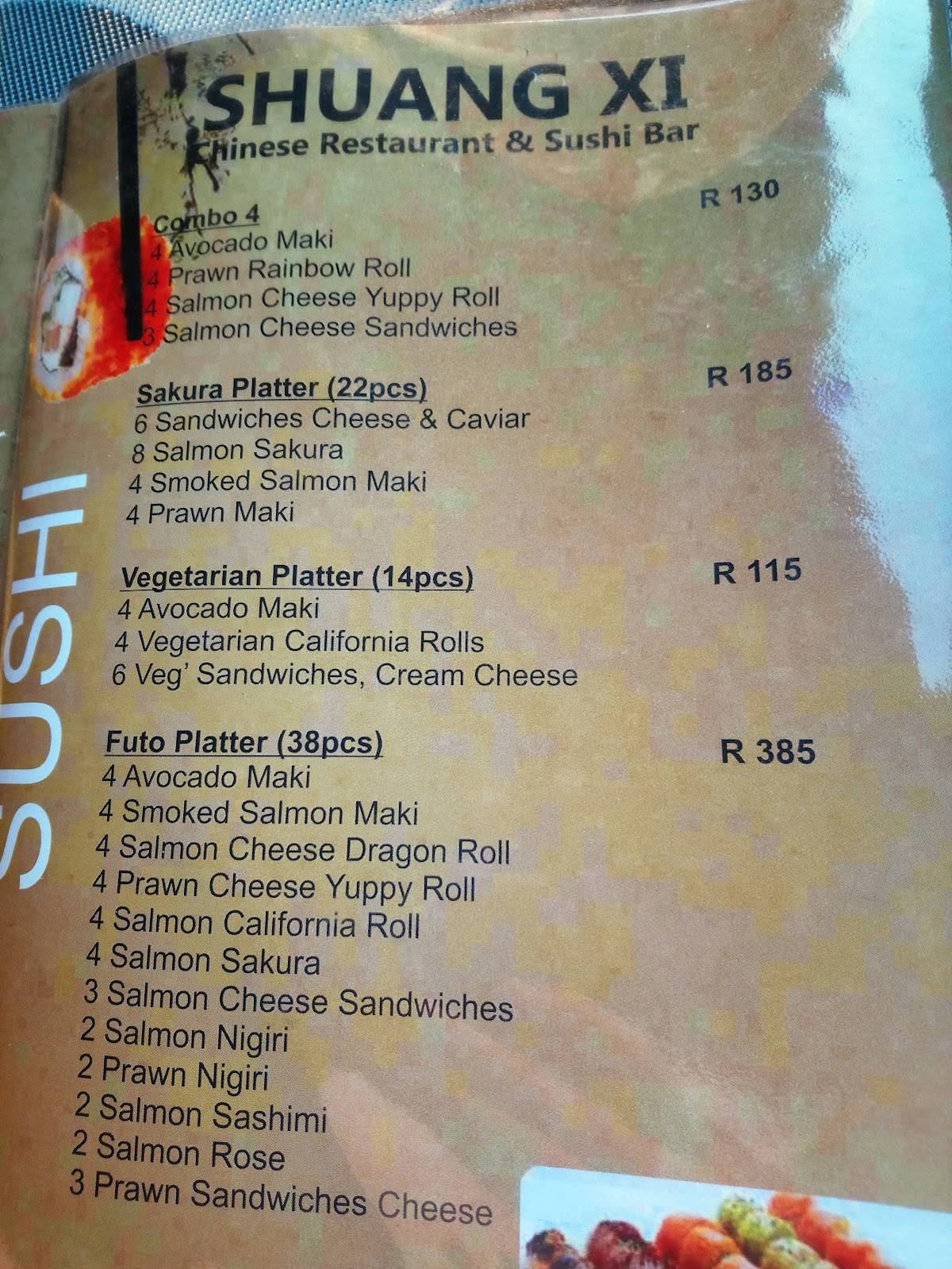 Menu at Shuang XI Chinese & Sushi restaurant, Nelspruit