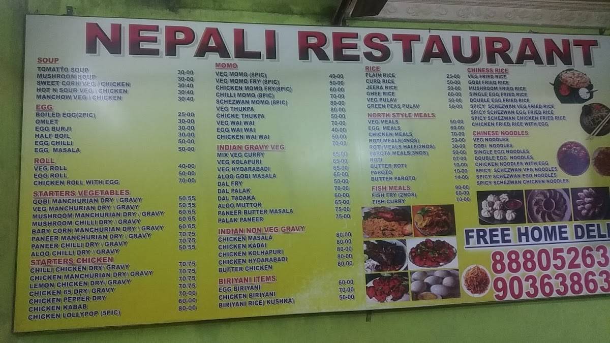 Menu at Nepali restaurant, Bengaluru
