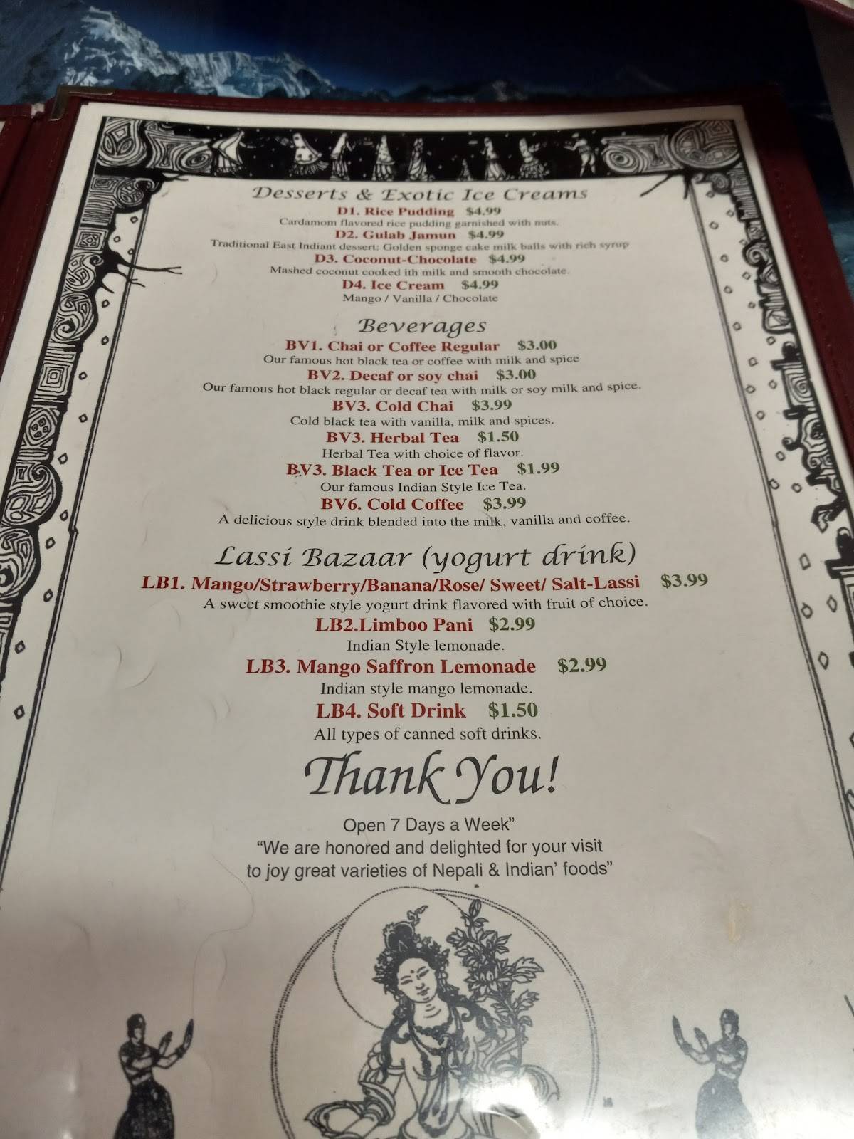 Menu at Nepal's Cafe, Estes Park