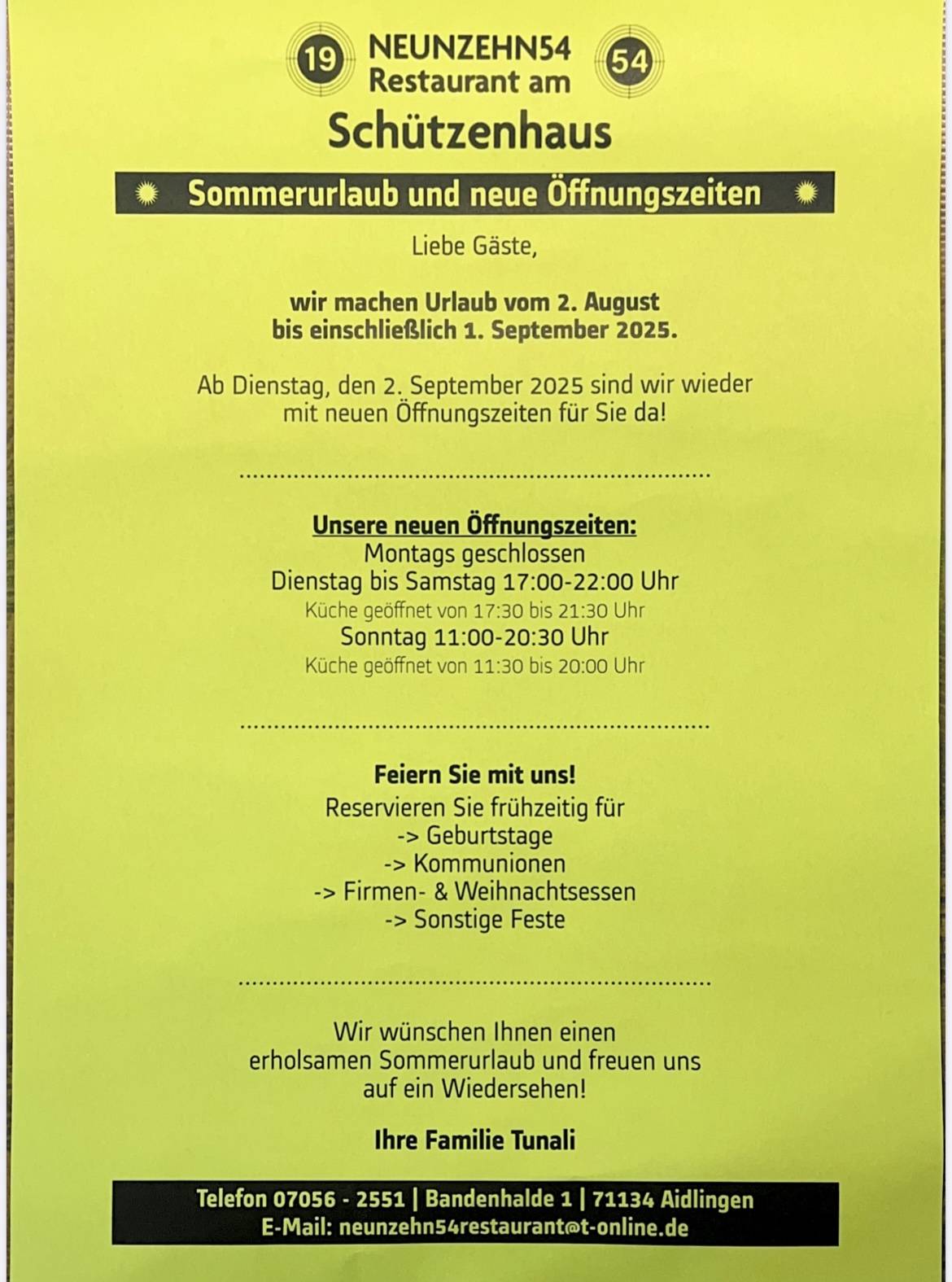 Speisekarte von Neunzehn54 Restaurant Am Schützenhaus, Aidlingen
