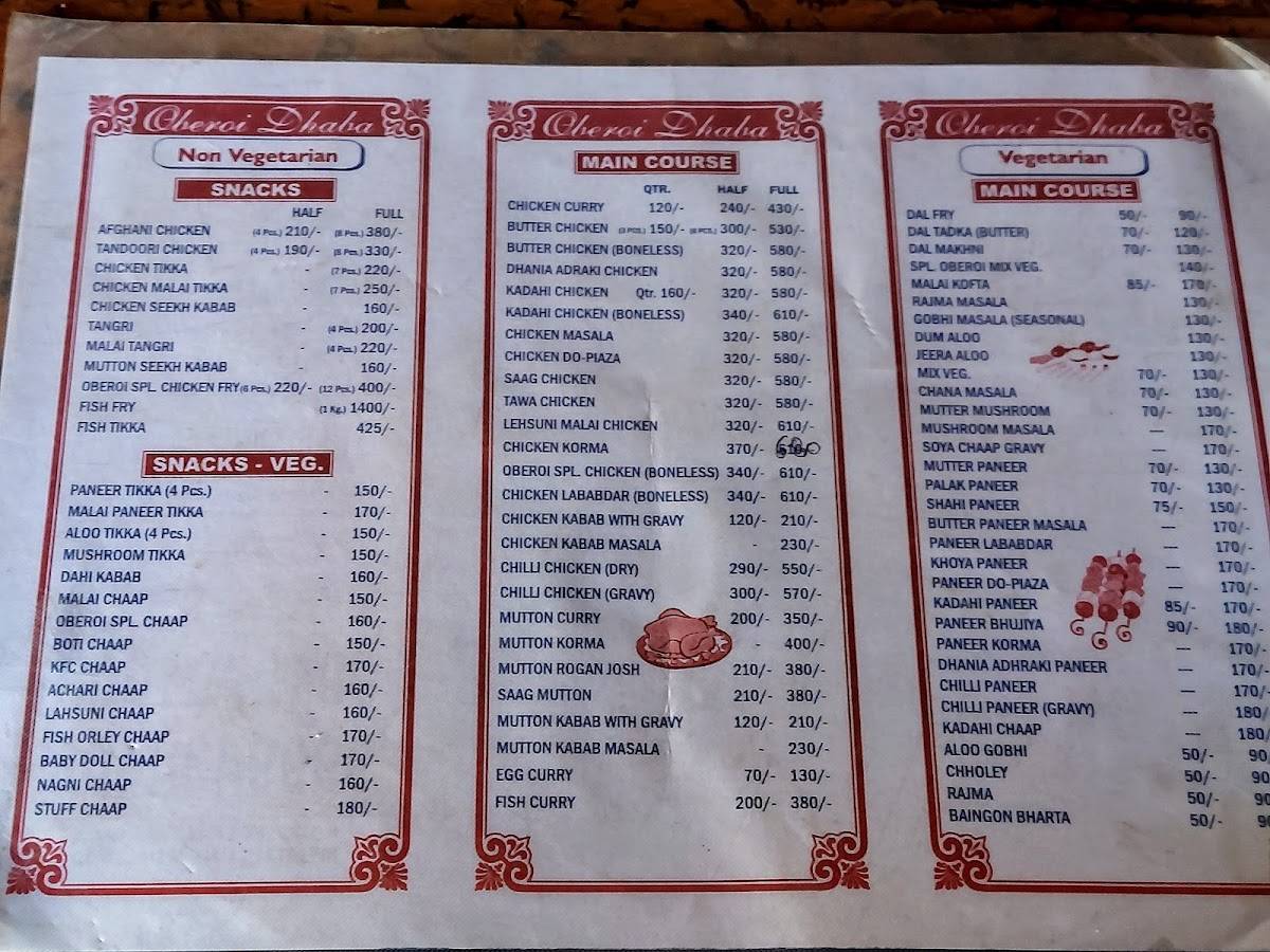 Menu at Oberoi Dhaba Mehrauli, New Delhi, Kalu ram chowk