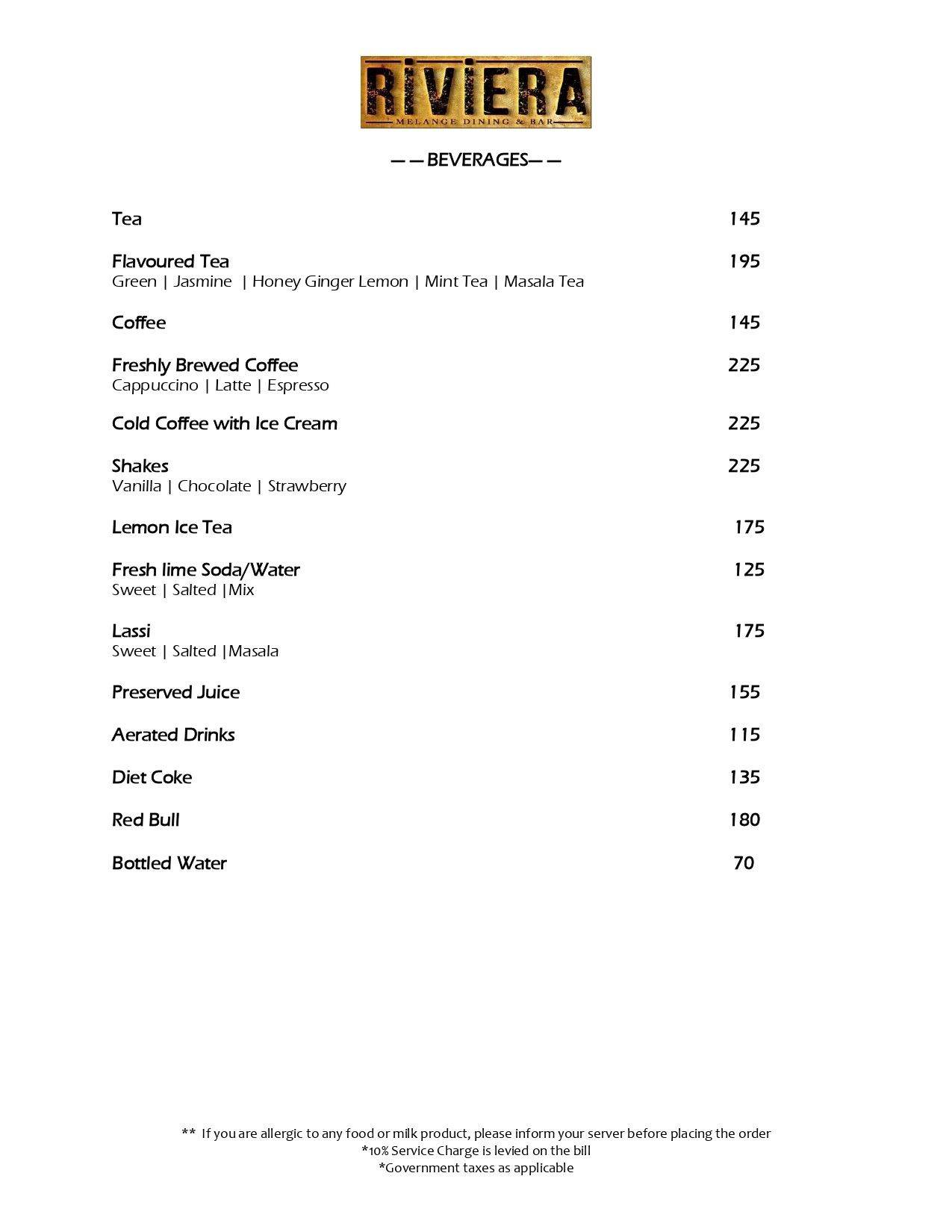 Menu at Riviera, New Delhi, Ameya Suites