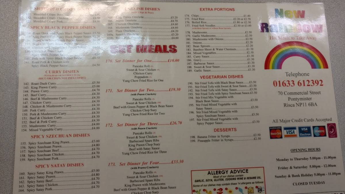 Menu at New Rainbow Chinese takeaway restaurant, Rogerstone