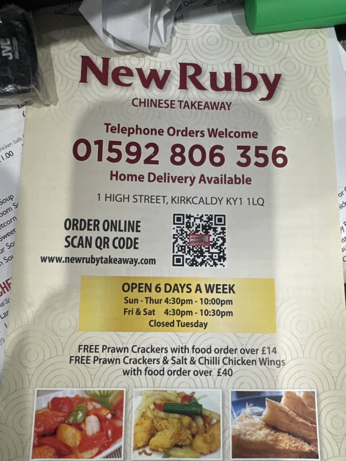 Menu at New Ruby Chinese Takeaway fast food, Kirkcaldy