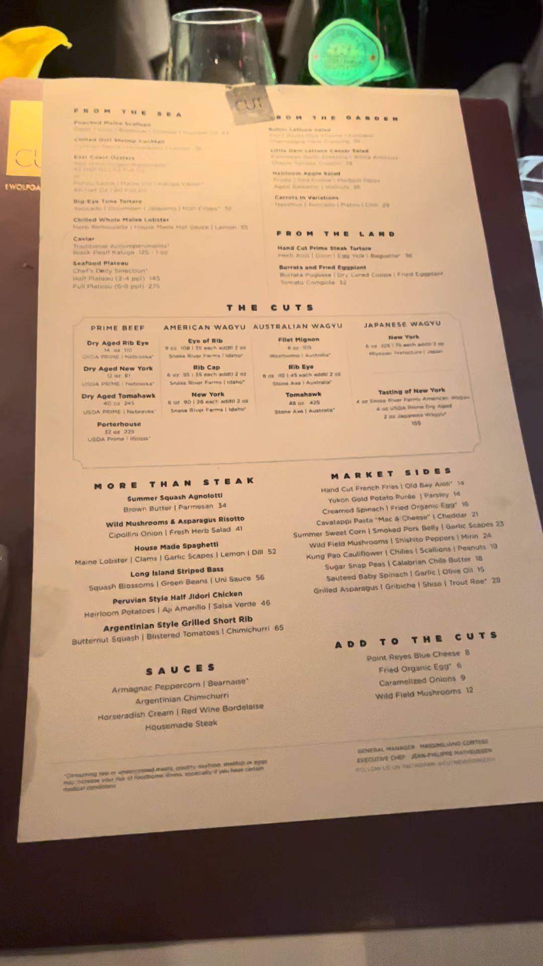 Menu at CUT by Wolfgang Puck steakhouse, New York City