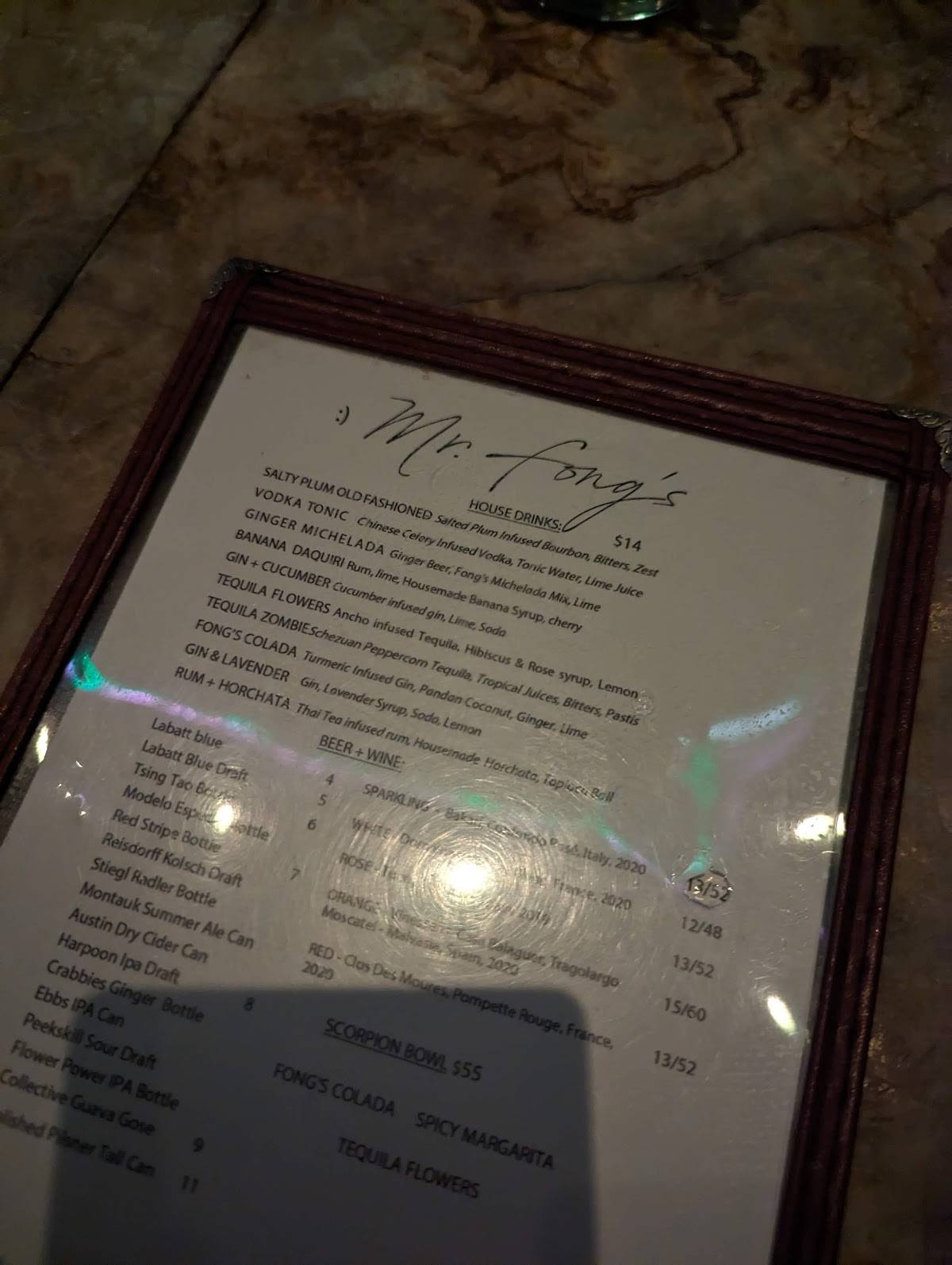 Menu at Mr. Fong's pub & bar, New York City
