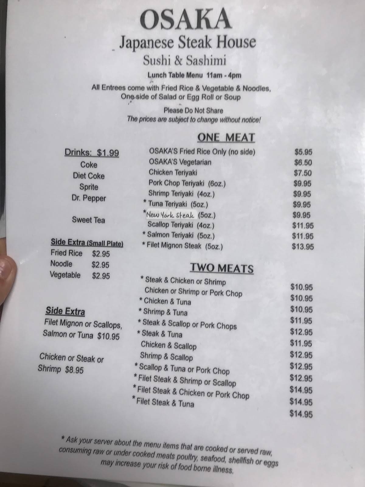 Menu at Osaka Japanese Steak & Lobster house steakhouse, Newport, 365 W ...