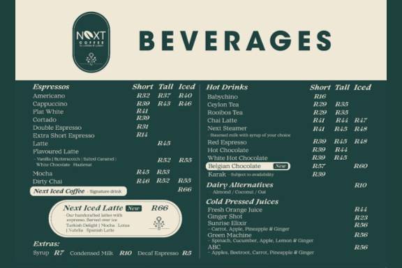 Menu at NextCoffee Cafe, Pietermaritzburg