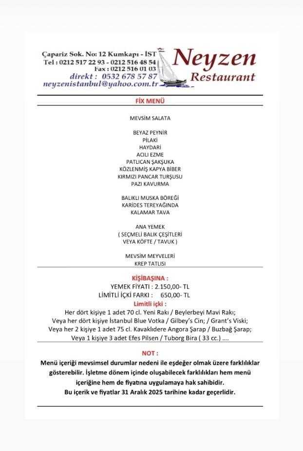 Menu au Neyzen Restaurant, Istanbul, Şehsuvarbey Mahallesi Çapariz ...