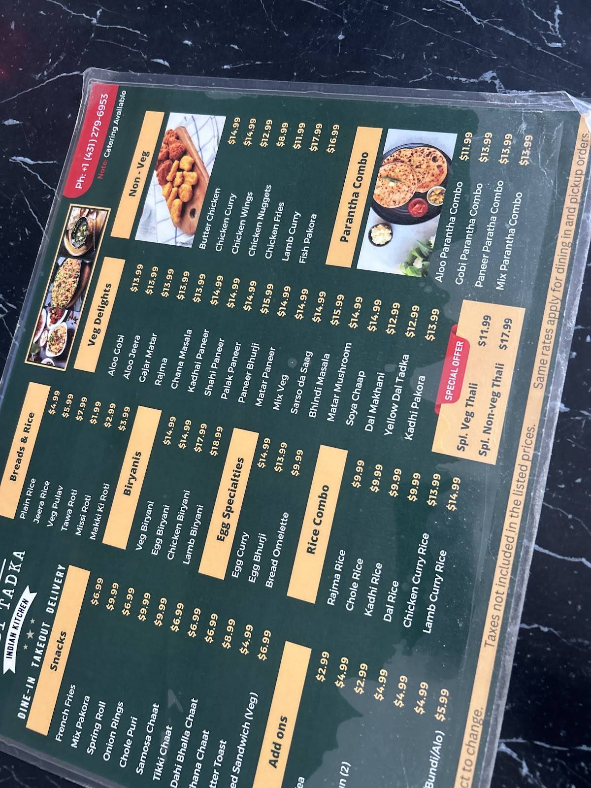 Menu au Punjabi Tadka Indian Kitchen (Restaurant), Niagara Falls