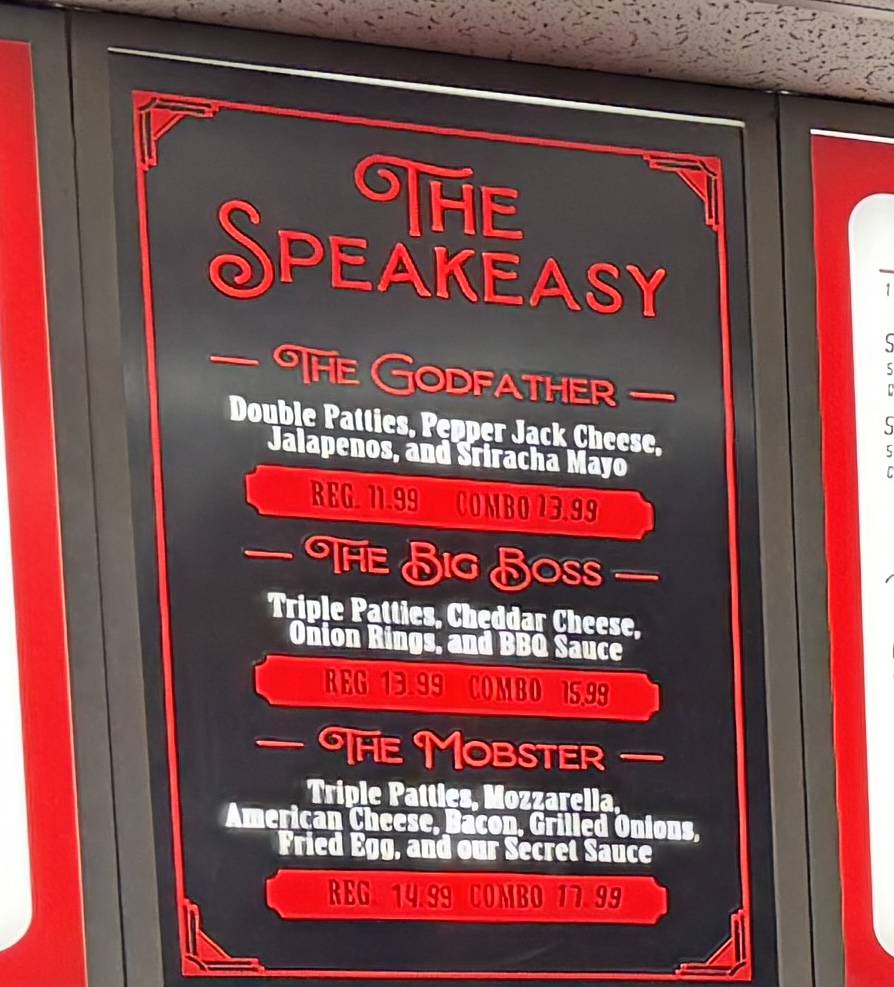 Menu at Nick’s Burger restaurant, Durant