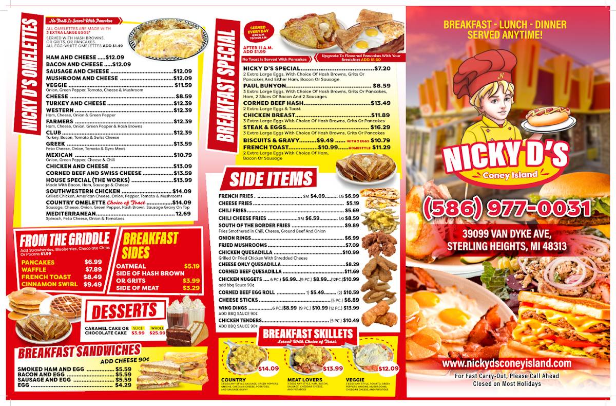 Menu at Nicky D’s Coney Island restaurant, Sterling Heights, Van Dyke Ave