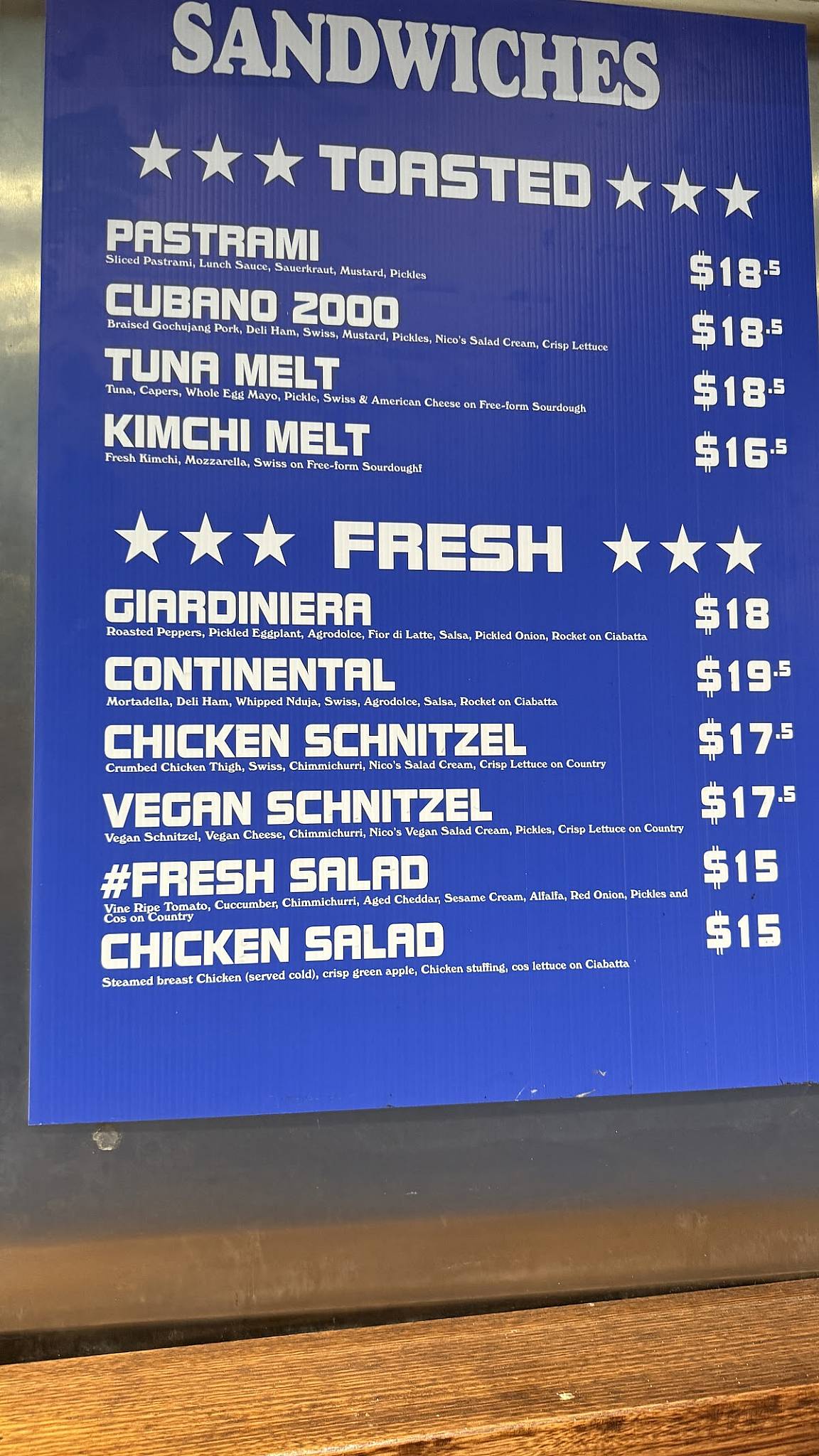 Menu at Nico's Sandwich Deli restaurant, Melbourne