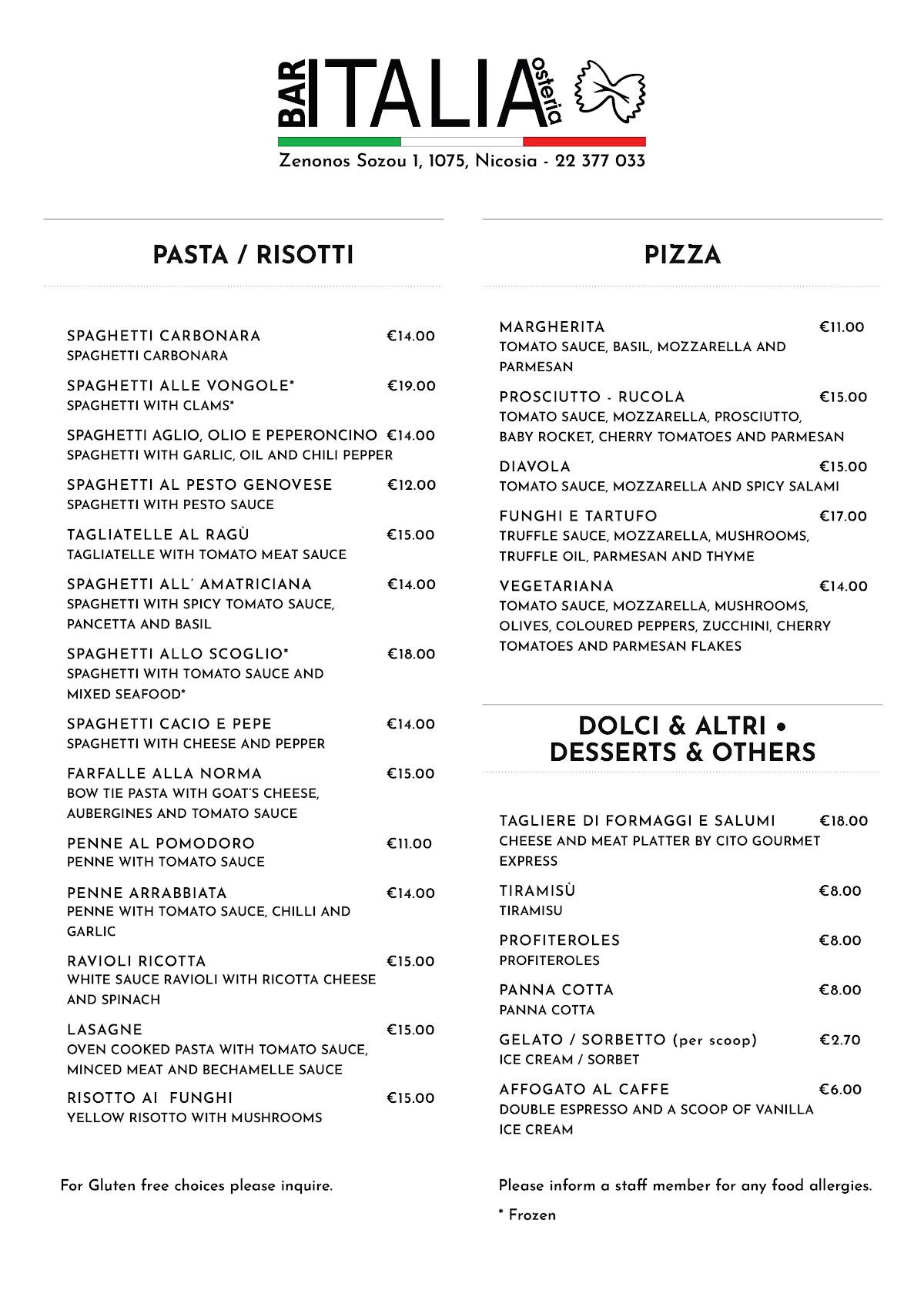 Menu at Bar Italia, Nicosia