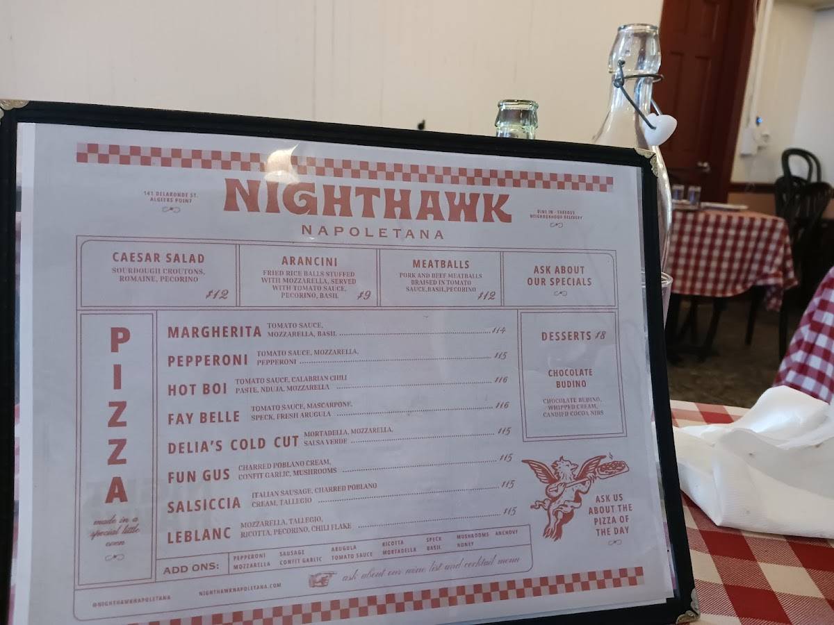 Menu at Nighthawk Napoletana pizzeria, New Orleans