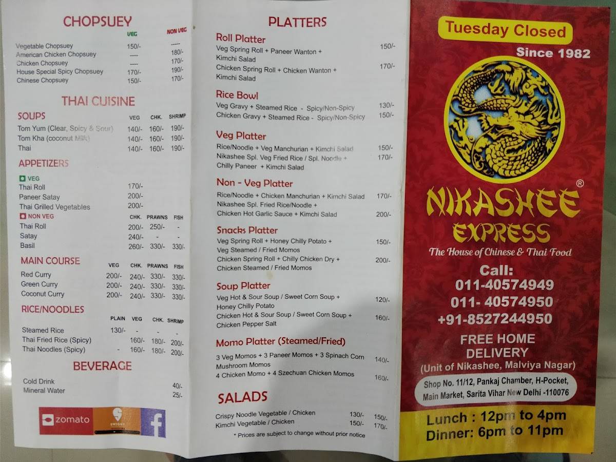 Menu at Nikashee Express - The House Of Chinese & Thai Food, New Delhi ...