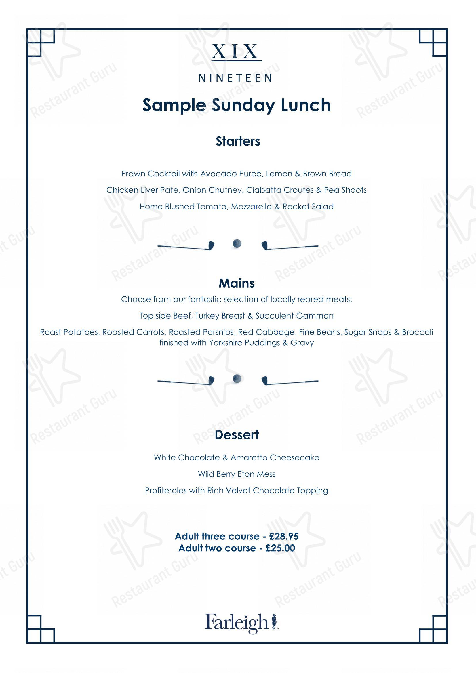 Menu at Nineteen restaurant, Chelsham and Farleigh, Farleigh Golf Club