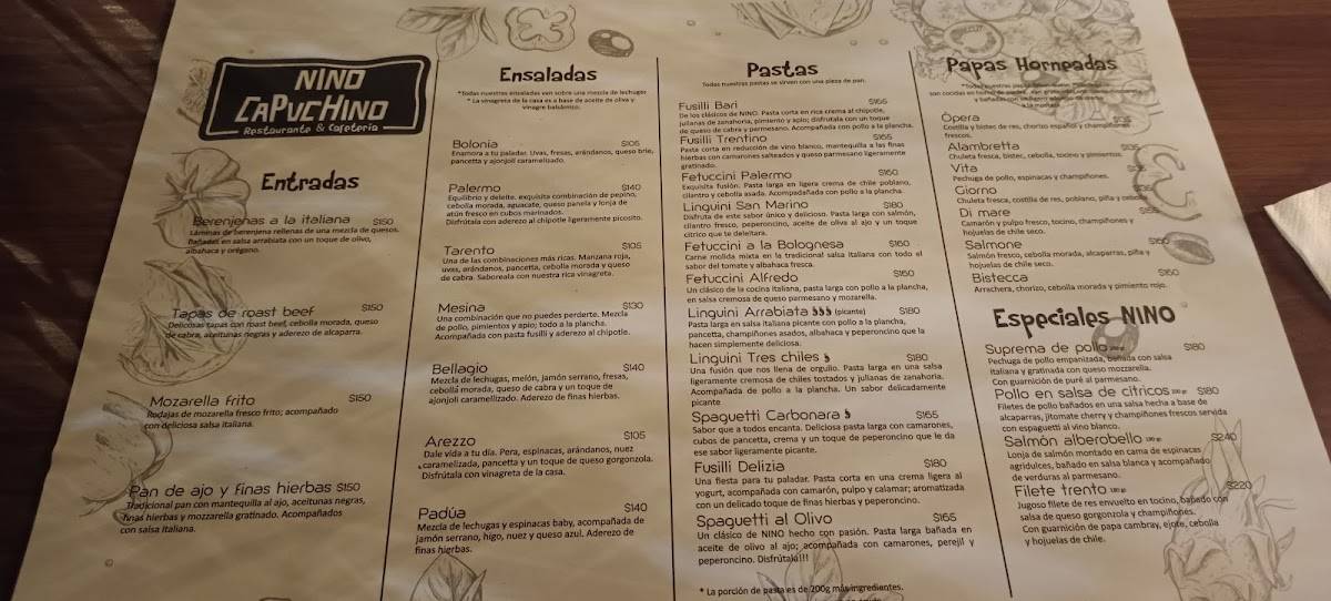 Carta de cafetería Nino Capuchino, Ciudad de México