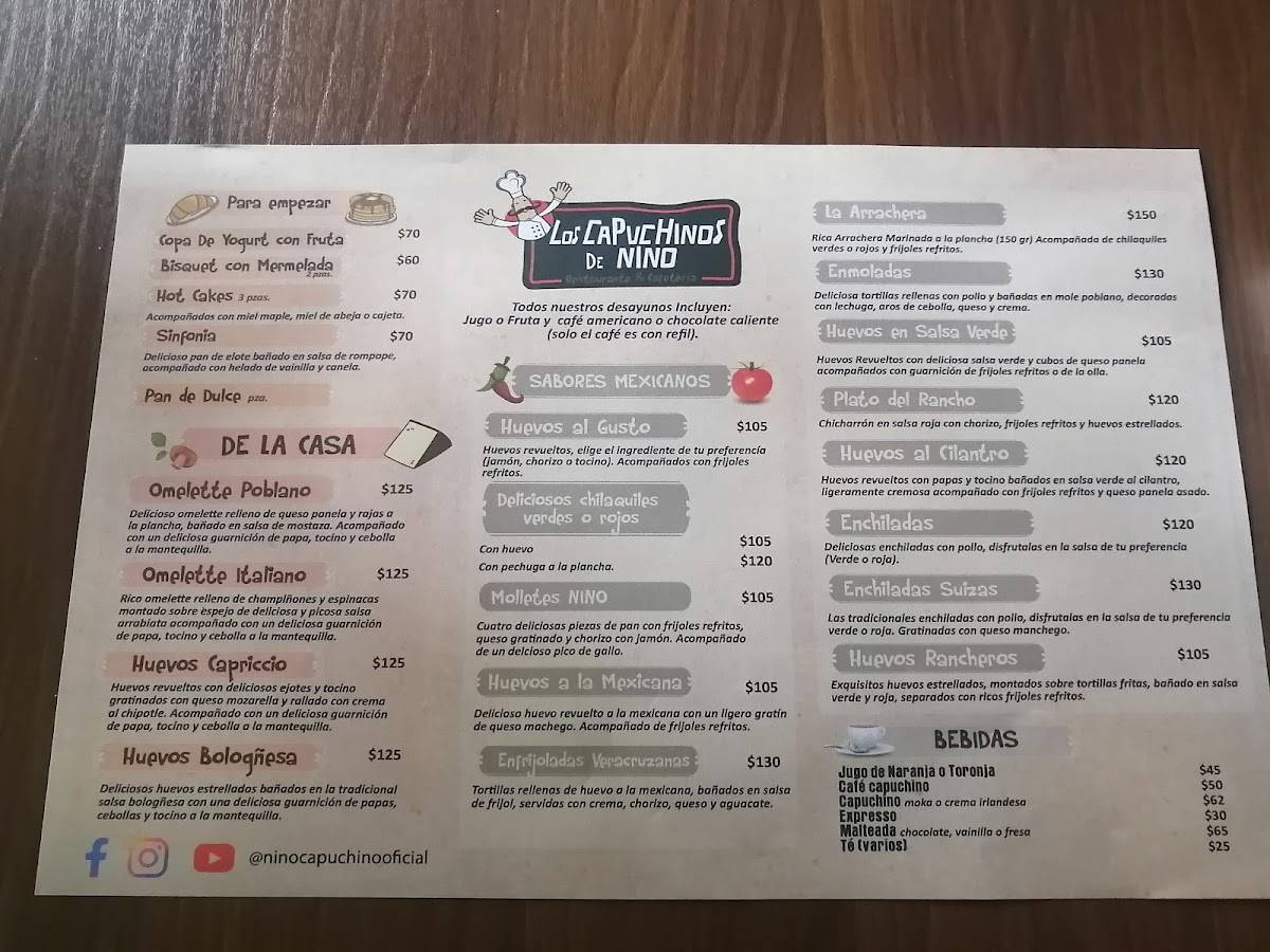 Carta de cafetería Nino Capuchino, Ciudad de México