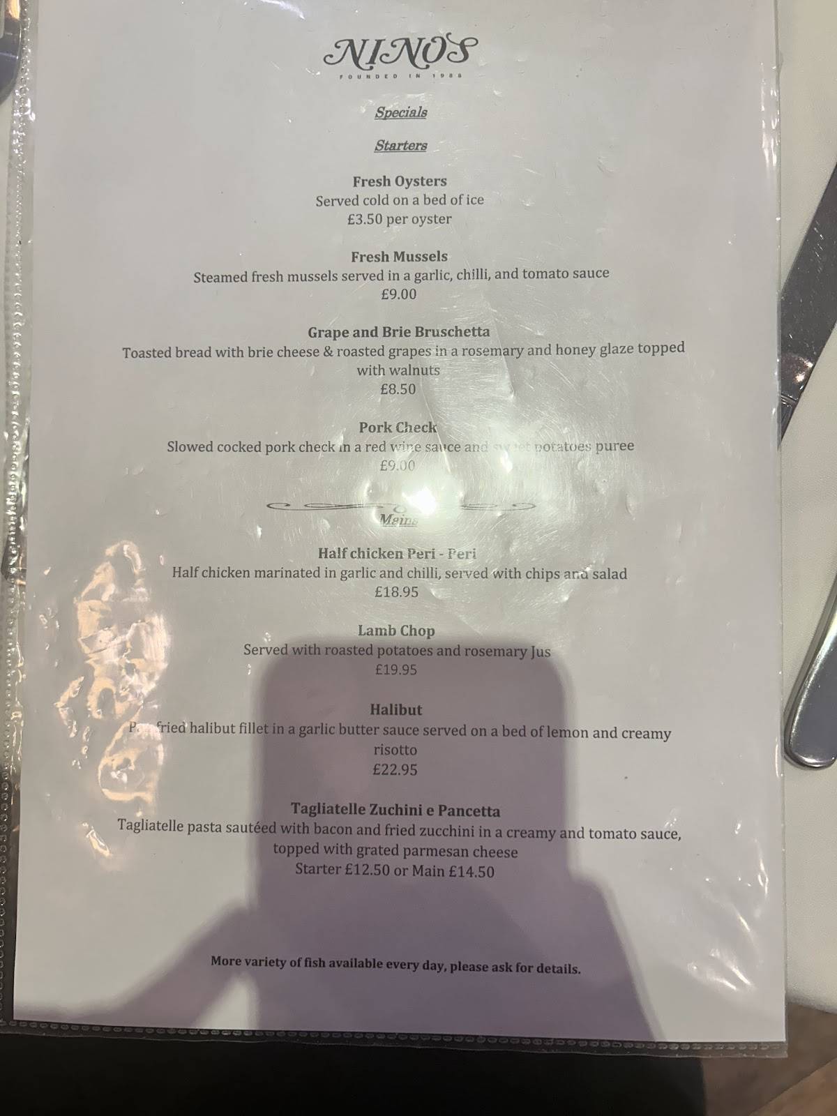 Menu at Nino's Restaurant, Rawtenstall