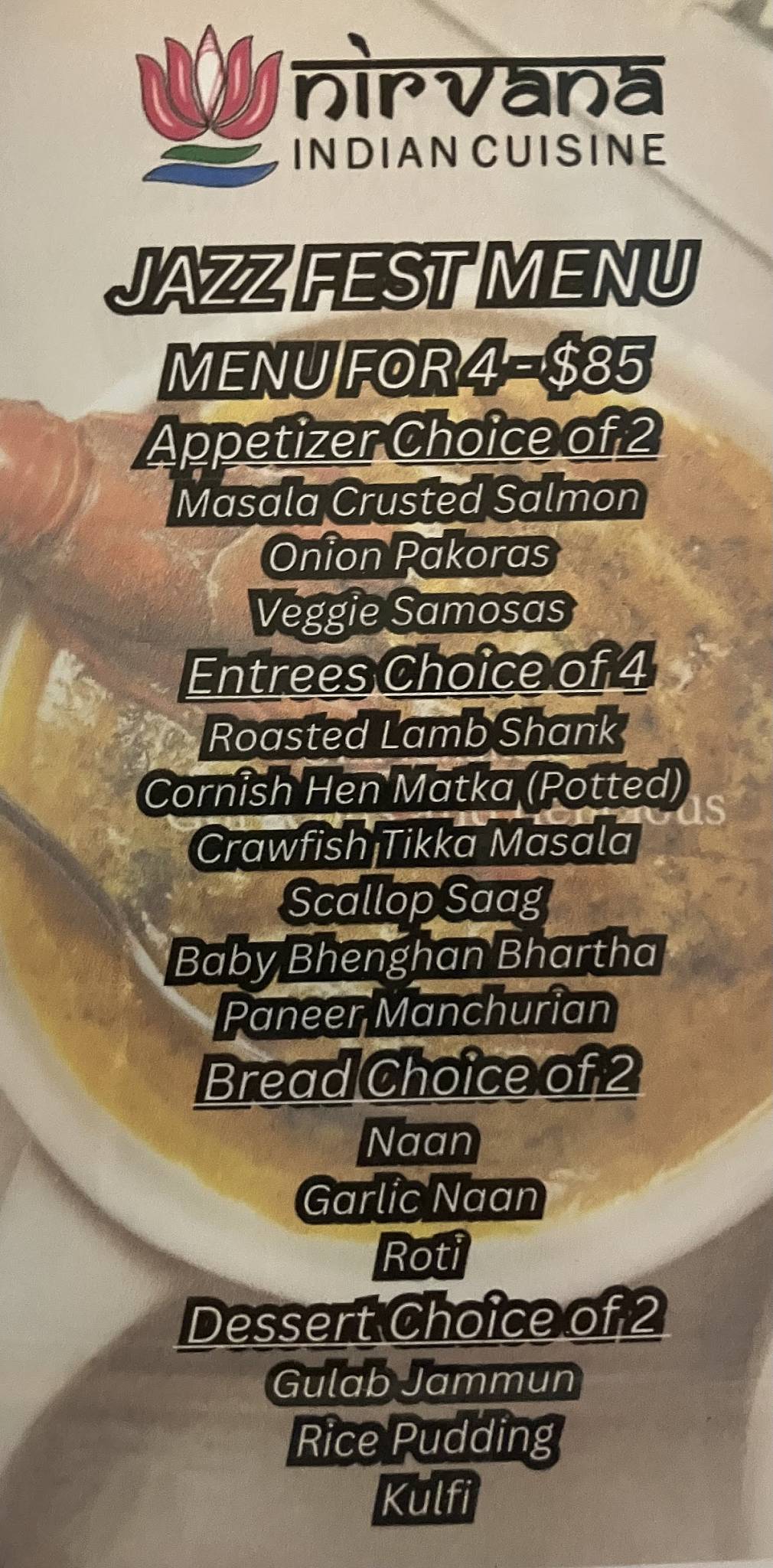 Menu at Nirvana Indian Cuisine restaurant, New Orleans