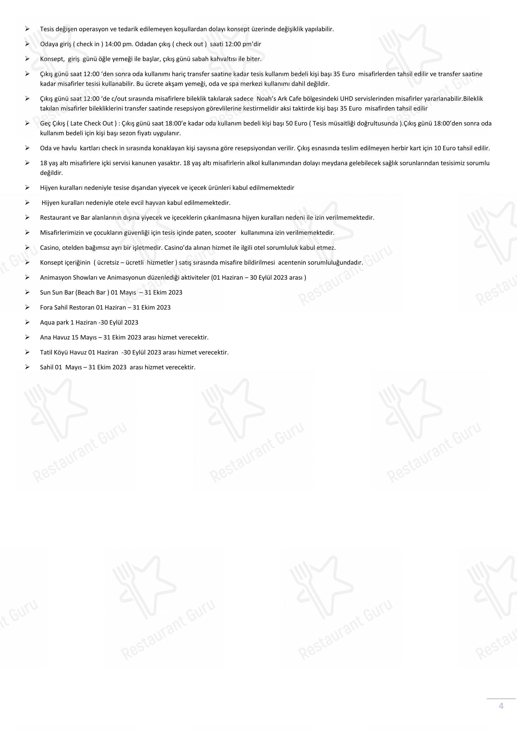 Carta de Noah's Ark Hotel Flora Restaurant, Chipre