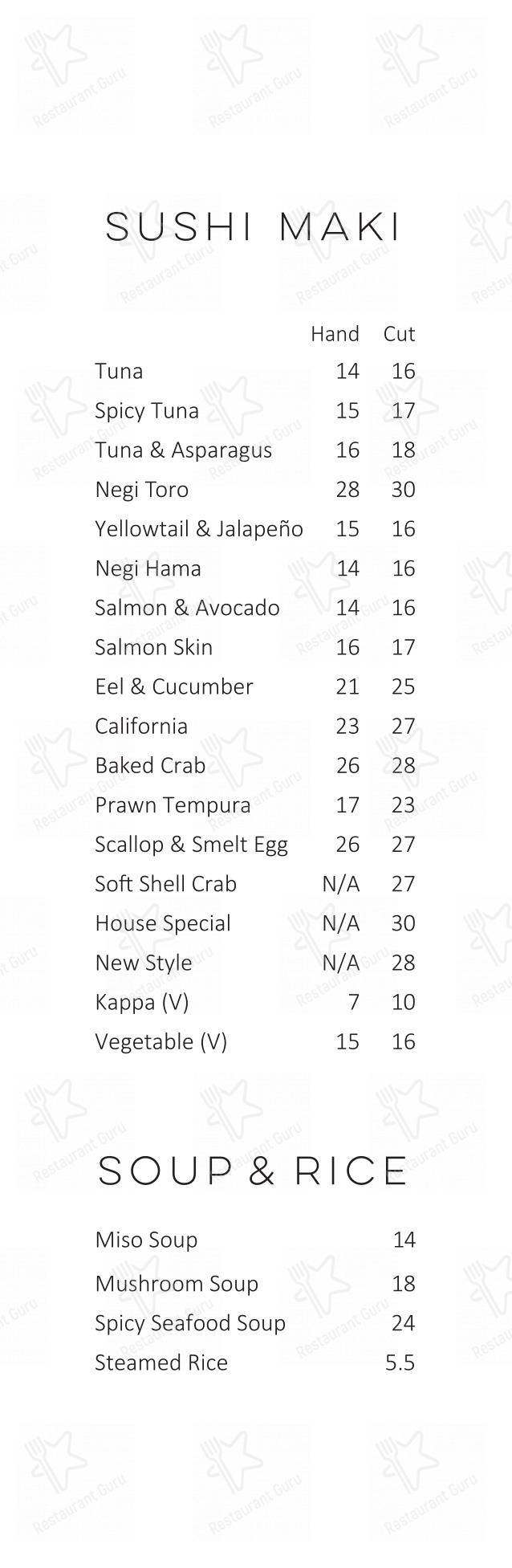Menu at Nobu restaurant, Southbank, Crown Riverwalk