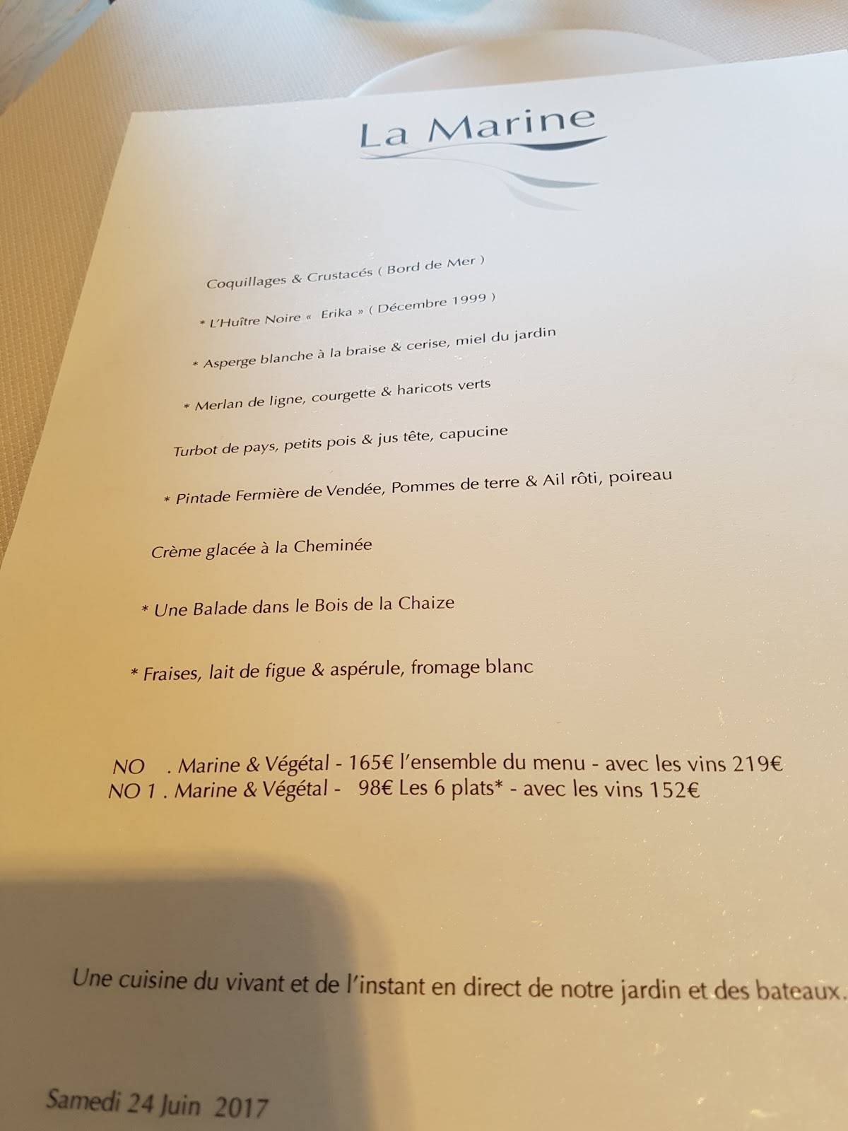 Menu au La Marine restaurant, Noirmoutier-en-l'Île