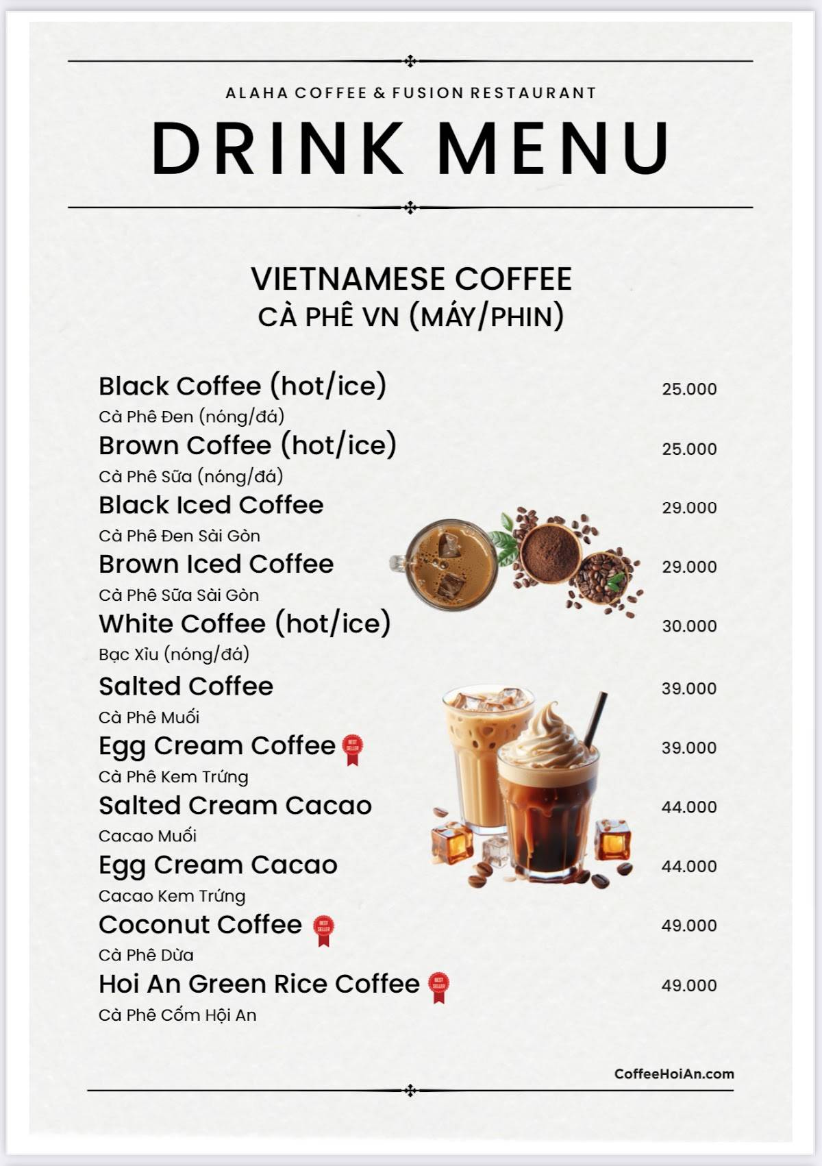 Menu at Nón cafe, Hoi An