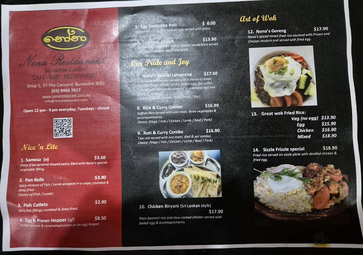 Menu at Nona Restaurant, Bundoora