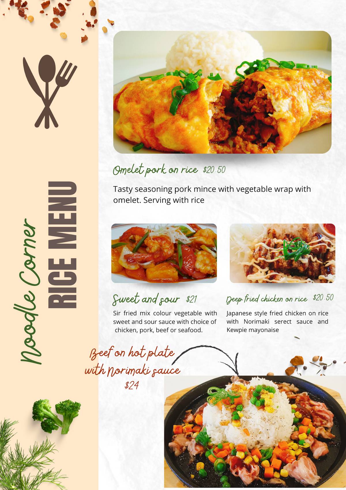 Menu at Noodle Corner restaurant, Blenheim