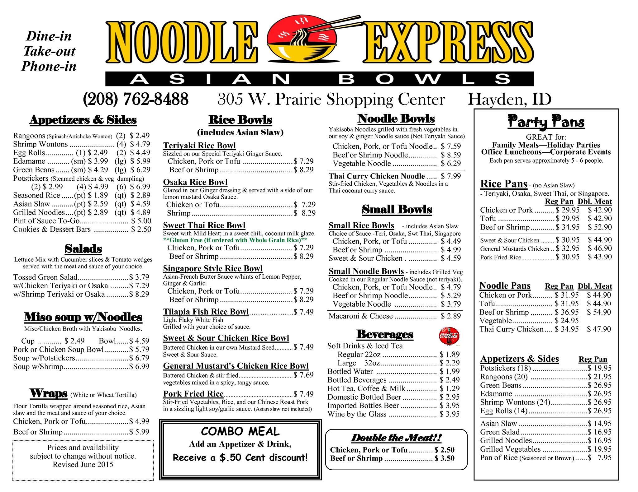 Menu at Noodle Express restaurant, Hayden