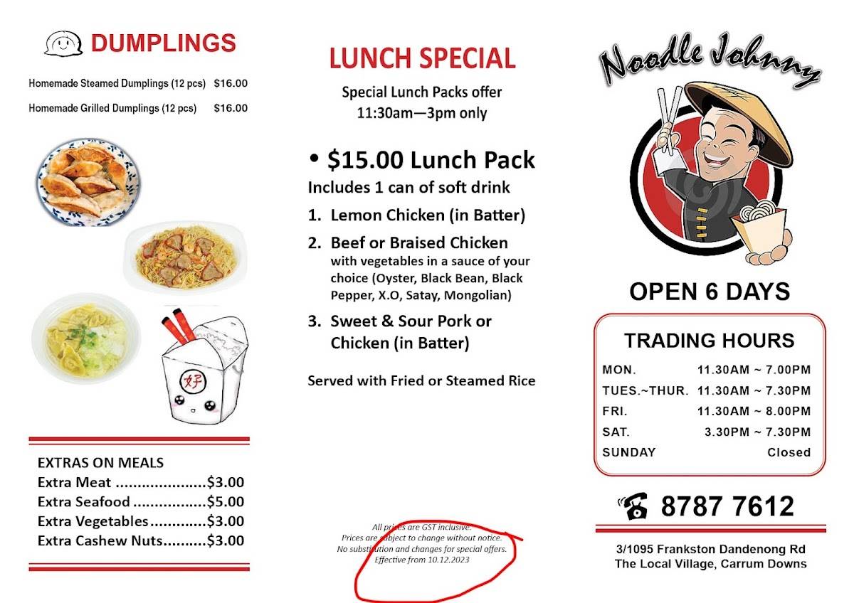 Menu at Noodle Johnny restaurant, Carrum Downs